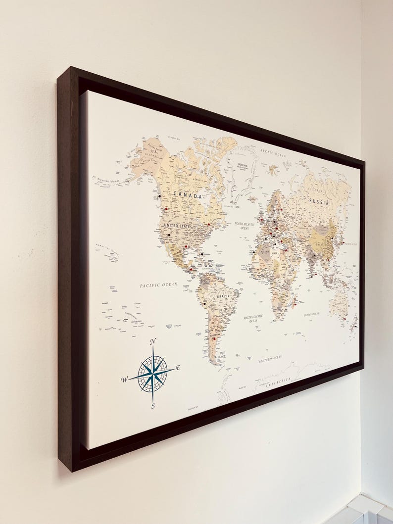 Canvas Push Pin Travel Map - Dark Brown Solid Wood Tray Frame - World ...