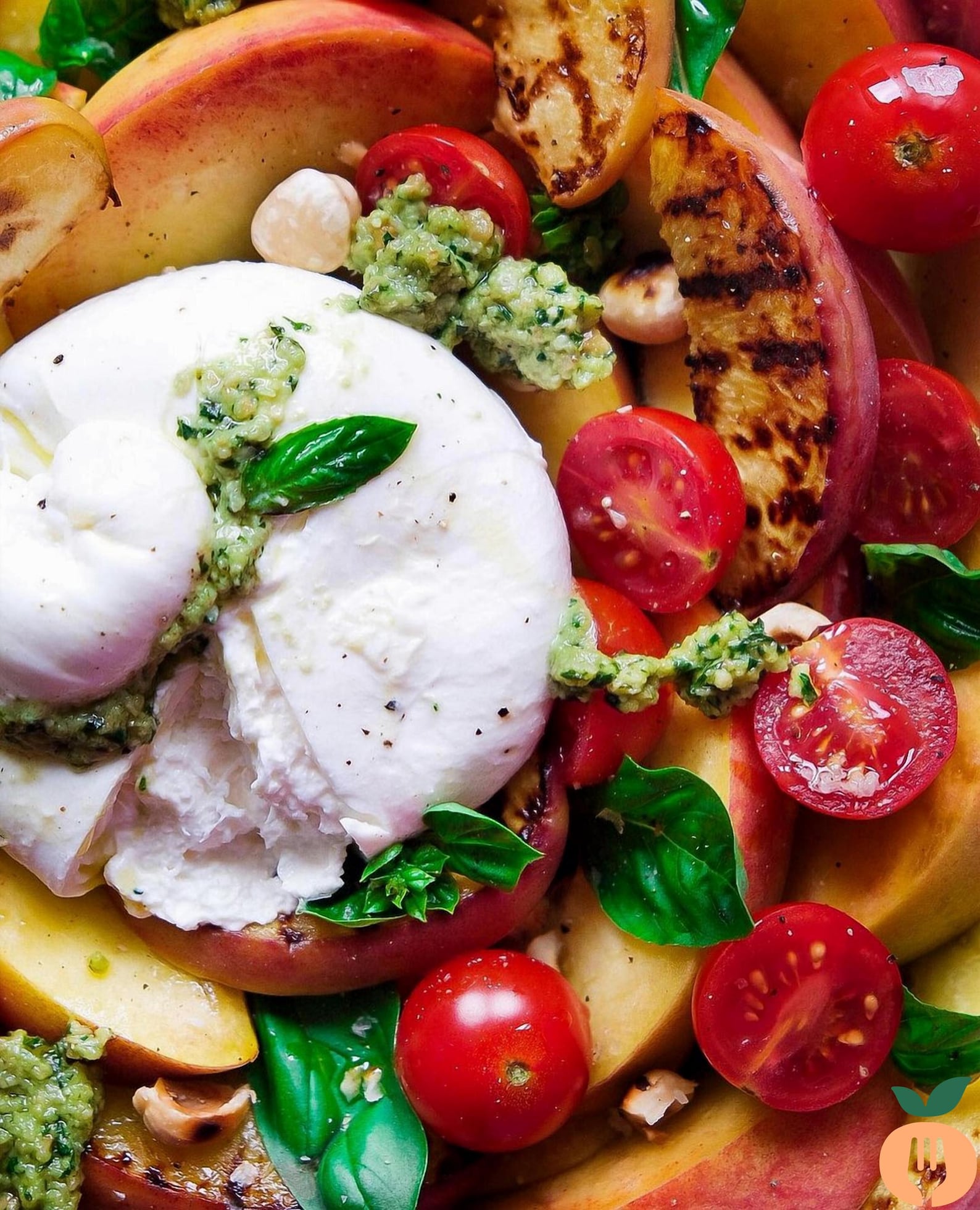 Roasted Peach Salad With Burrata & Pesto Recipe PDF (cups + Grams ...