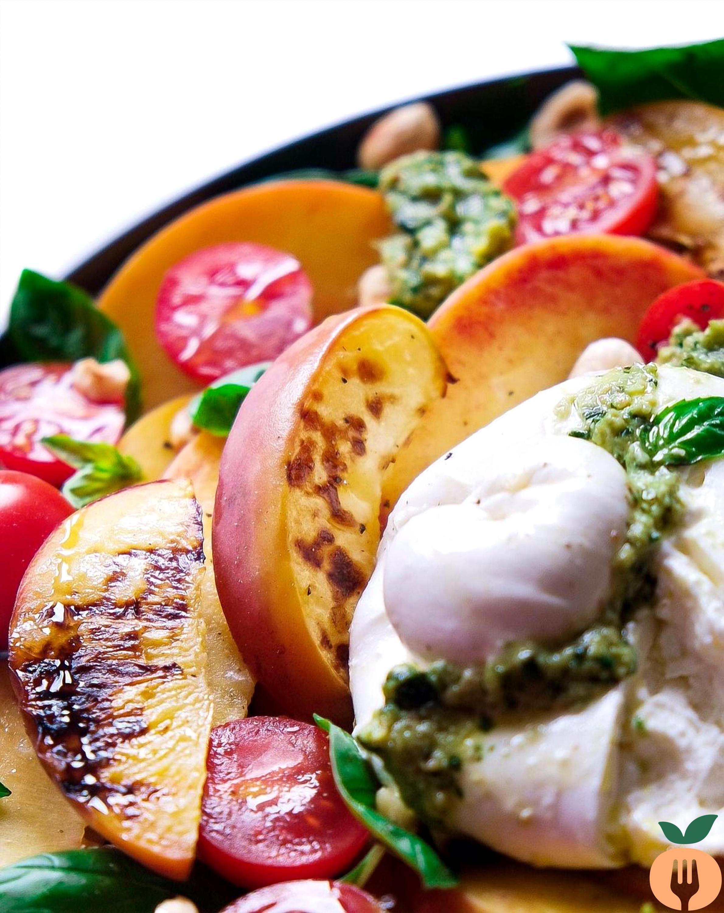 Roasted Peach Salad With Burrata & Pesto Recipe PDF (cups + Grams ...