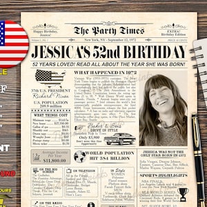1972 Birthday NEWSPAPER, Poster for 52nd Birthday, 1972 Party ...