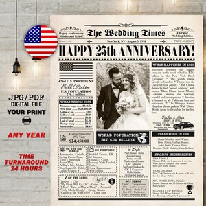 25th Anniversary Gift, Back in 1998 Newspaper Poster Sign, 25th Wedding ...