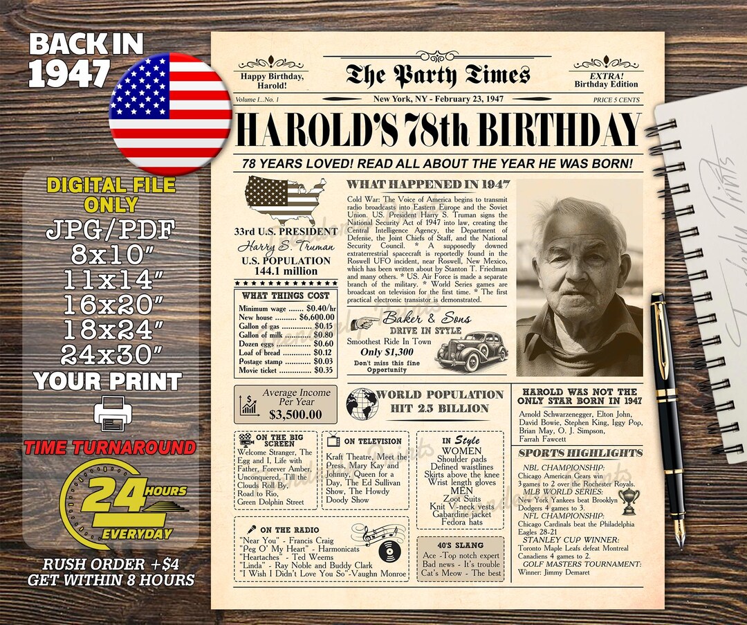 1947 Poster, 78th Birthday Newspaper Sign, 1947 Birthday Poster, 78 ...