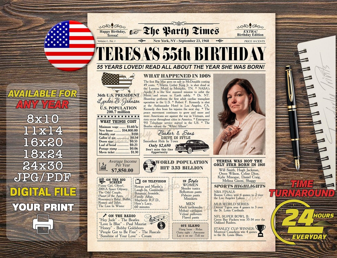 1968 Newspaper, 55th Birthday Gift for Men or Women, Back in 1968, 55th ...