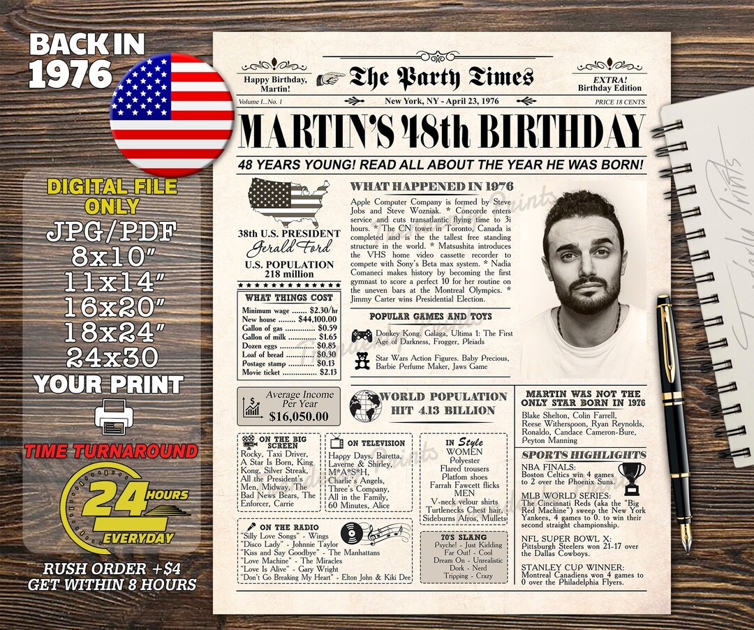 1976 Poster, 48th Birthday Decorations, 48th Birthday Newspaper Sign ...