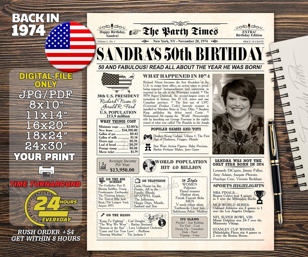 1974 Birthday NEWSPAPER, Back in 1974, Poster for 50th Birthday, 1974 ...