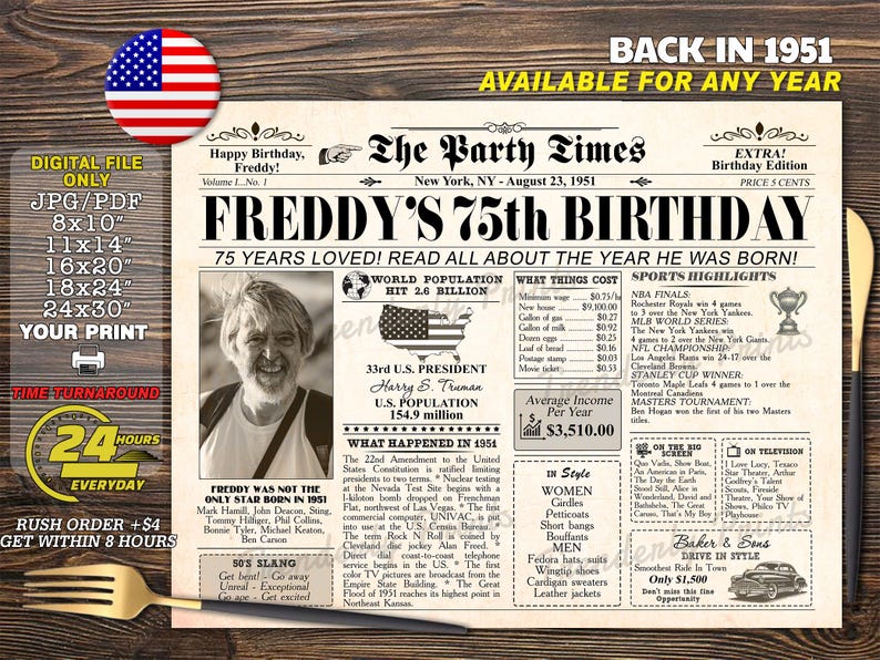 75th Birthday Placemat With a Picture, Newspaper Birthday Horizontal ...