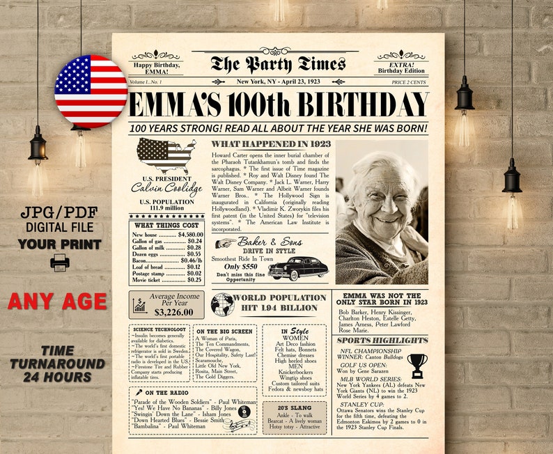 100th Birthday Newspaper Poster Sign 100 Years Ago Back in - Etsy
