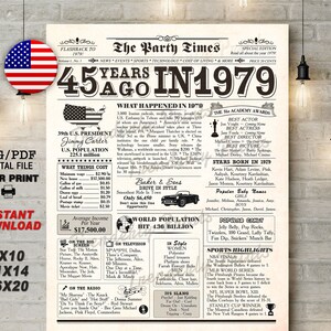 Back in 1979 Party Sign, Personalized Poster for 45th Birthday Party, Newspaper With Fun Facts ...