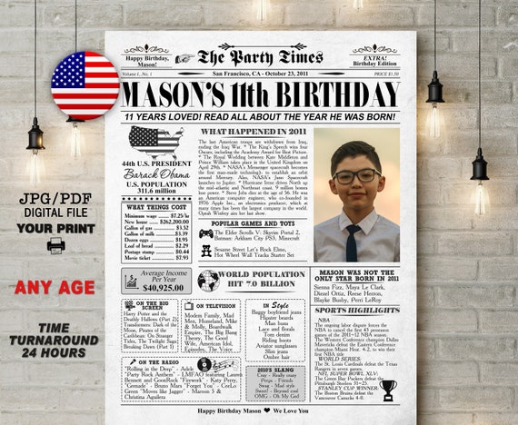 11th Birthday Newspaper Poster Sign 11 Year Old Birthday | Etsy