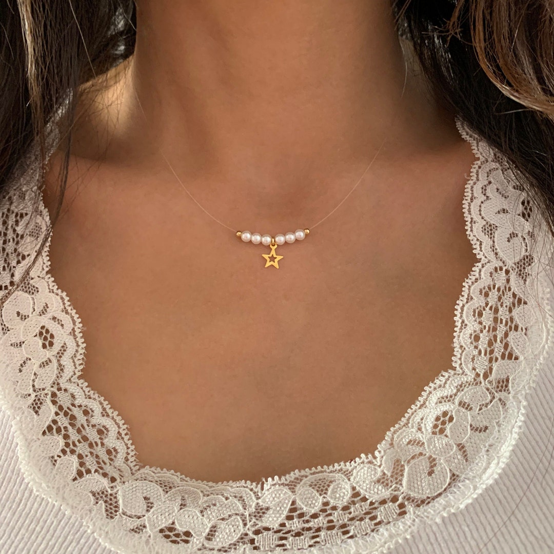 Collar invisible Gargantilla fina con perlas y colgante - Etsy España