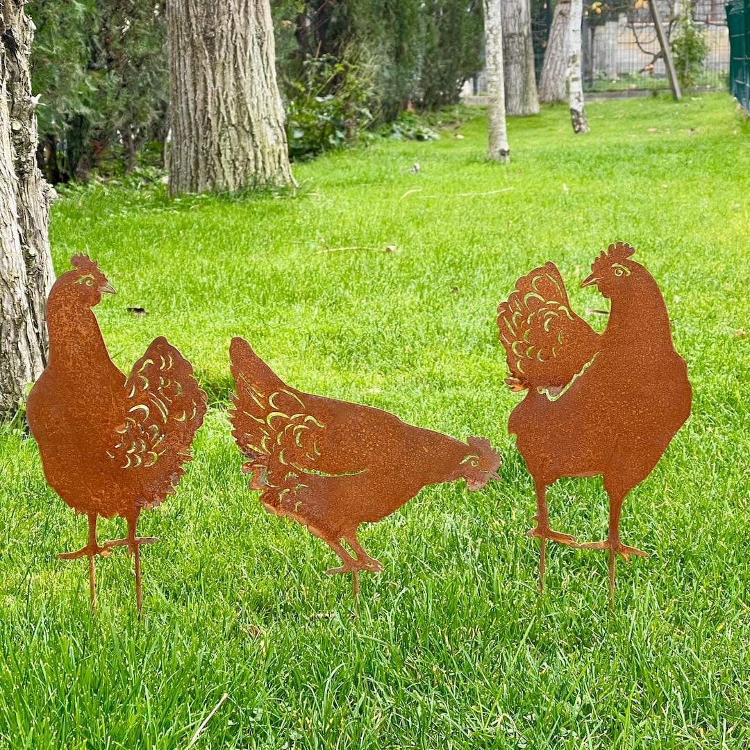 Rusted Metal Chickens – Garden Decor, Plant Stake, Wall Art & Fence ...