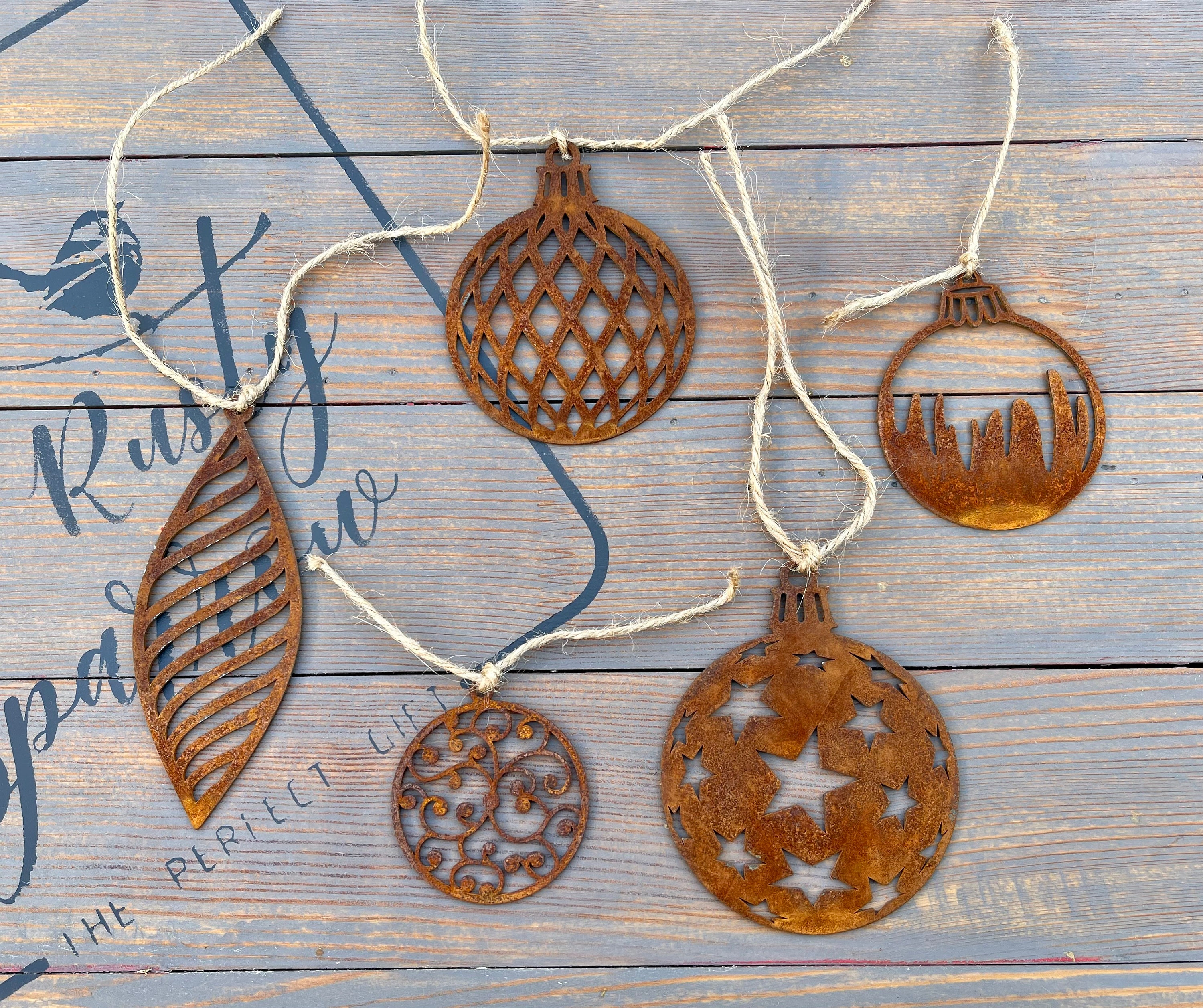 Corten Steel Christmas Baubles: Rusted Metal Holiday Ornaments, Set of ...