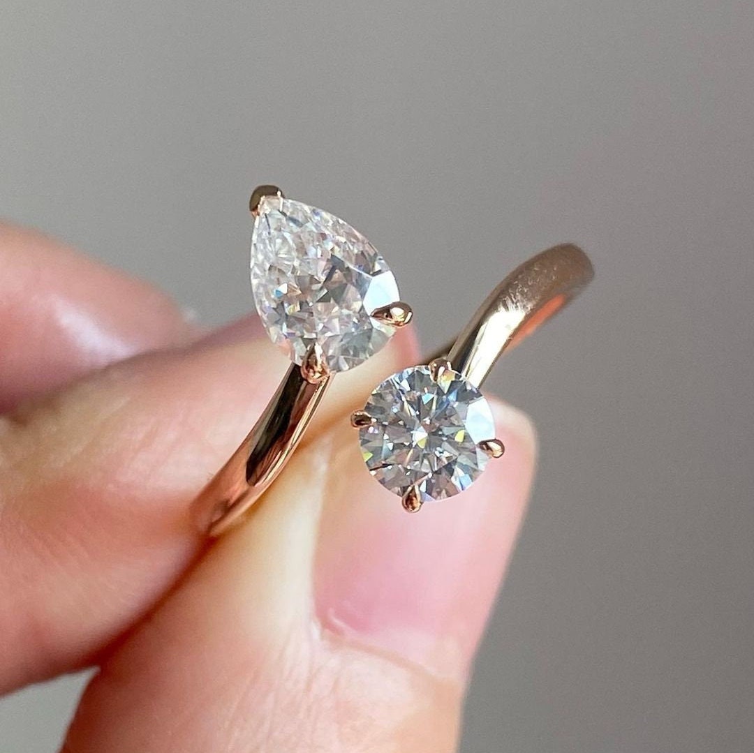 Two Stone Bypass Engagement Ring Solid 14k Gold Solitaire Ring Toi Et ...