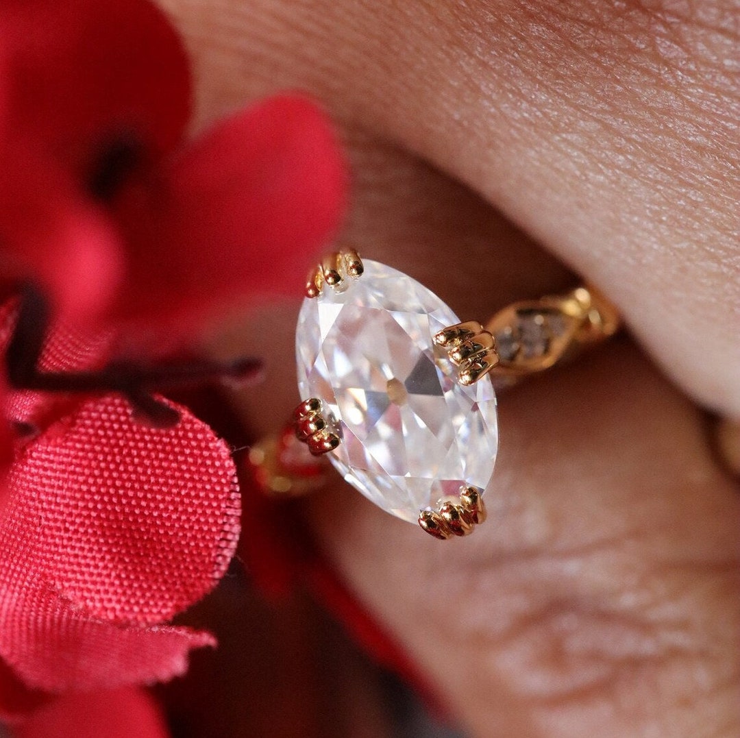 Old Mine 3.00ct Moval Cut Moissanite Engagement Ring 14K Gold Unique ...