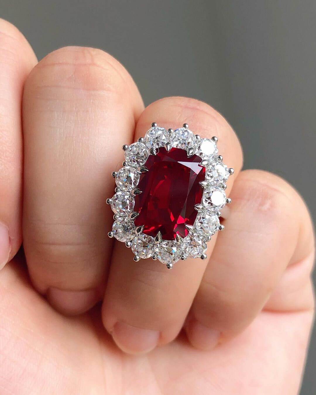 Cushion Cut Ruby Gemstone Vintage Ring Round Moissanite Halo With Ruby ...