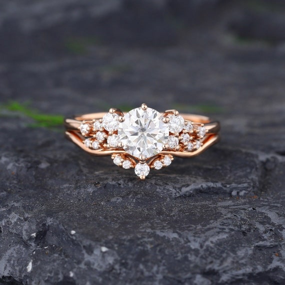 wholesale shopping Unique Rose gold Moissanite engagement ring set ...