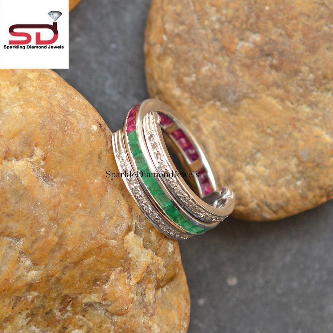 Ruby, Emerald and Natural Diamond Studded Flip Silver Ring | Multi ...