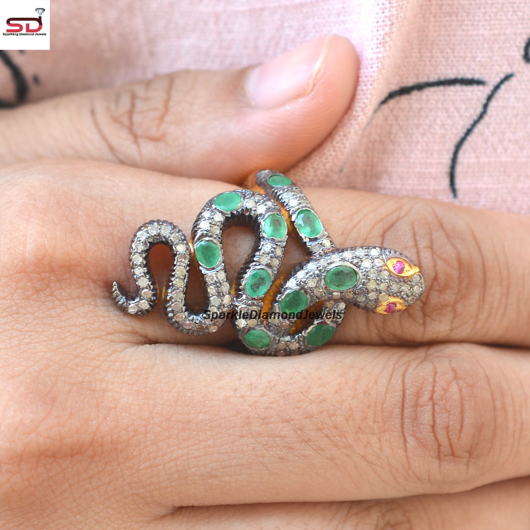 Emerald Snake Ring, Pave Diamond Ring, Ruby Emerald Gemstone Jewelry ...