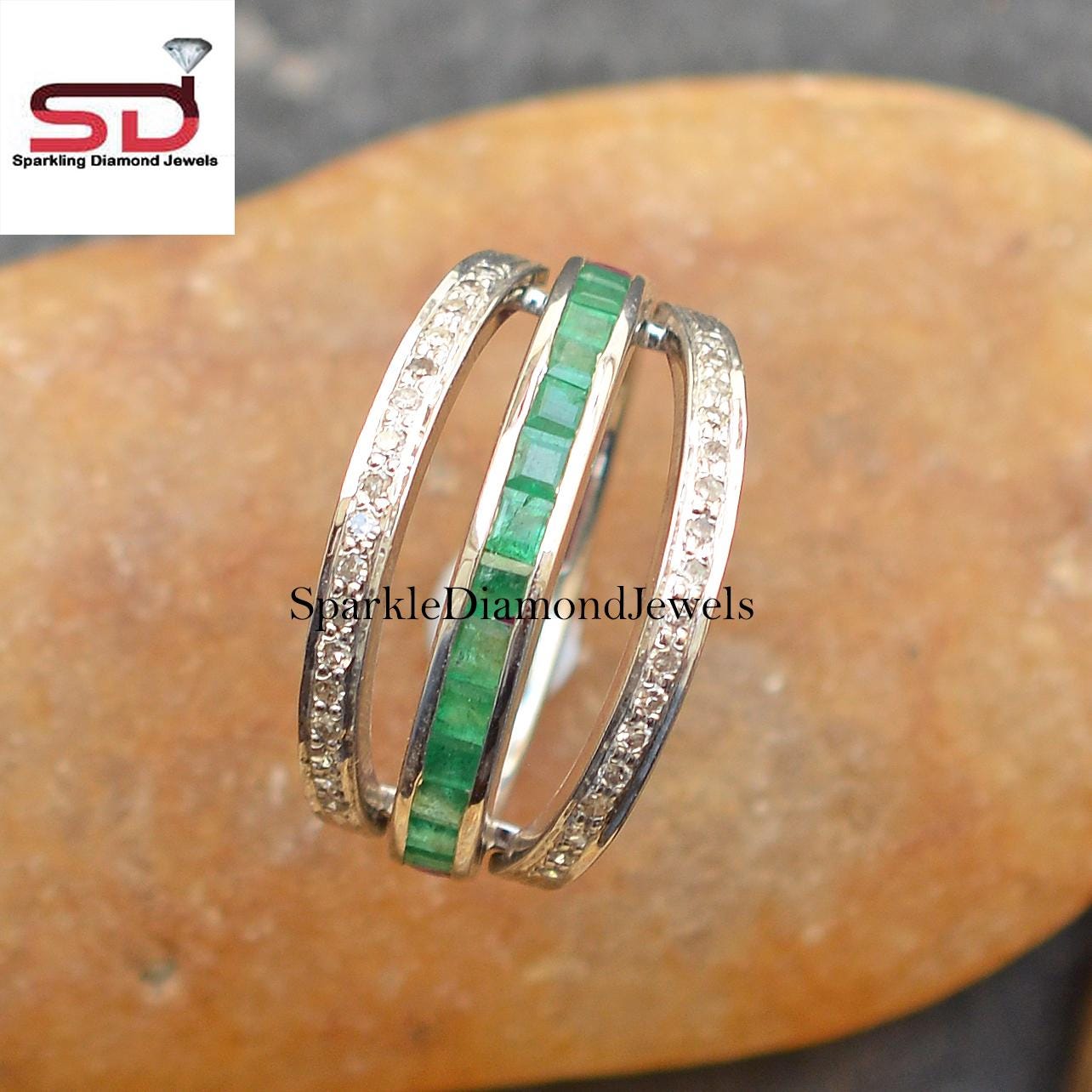 Ruby, Emerald and Natural Diamond Studded Flip Silver Ring | Multi ...