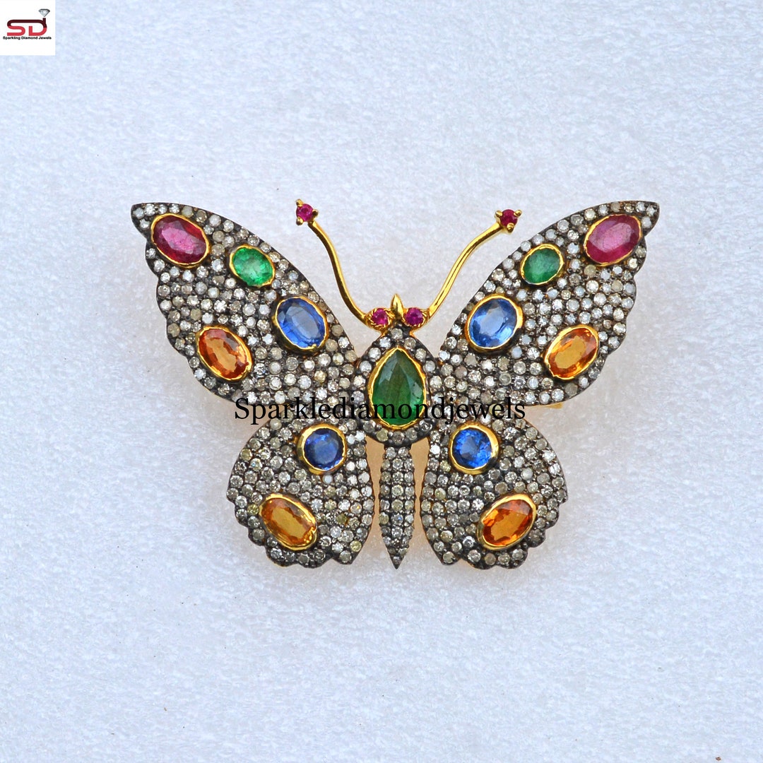 Sale Multi Sapphire Gemstone Butterfly Brooch Pin, Solid 925 Silver 14k ...