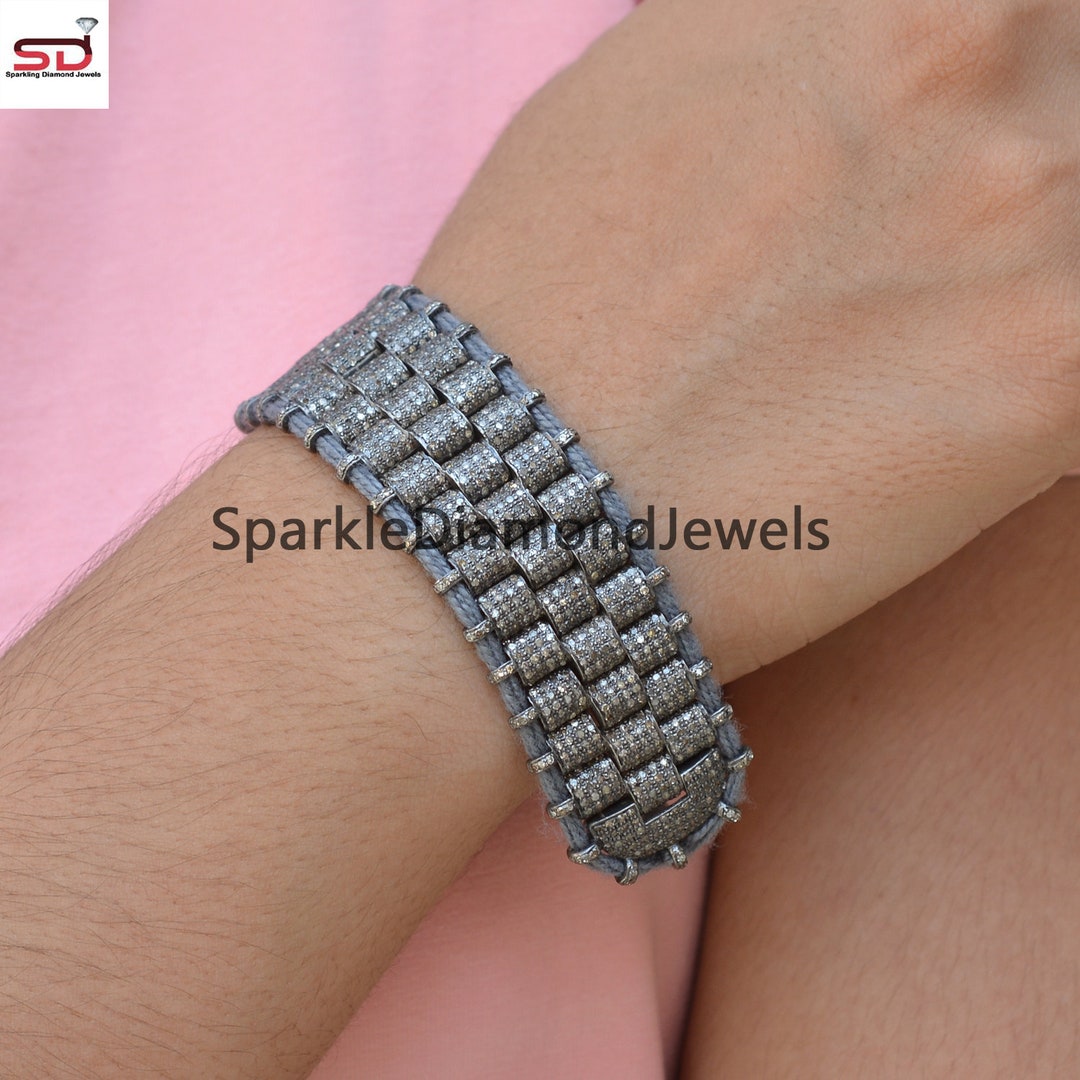 Natural Pave Diamond Macrame Thread Bracelet, 925 Sterling Silver Jewelry, Diamond Bracelet ...