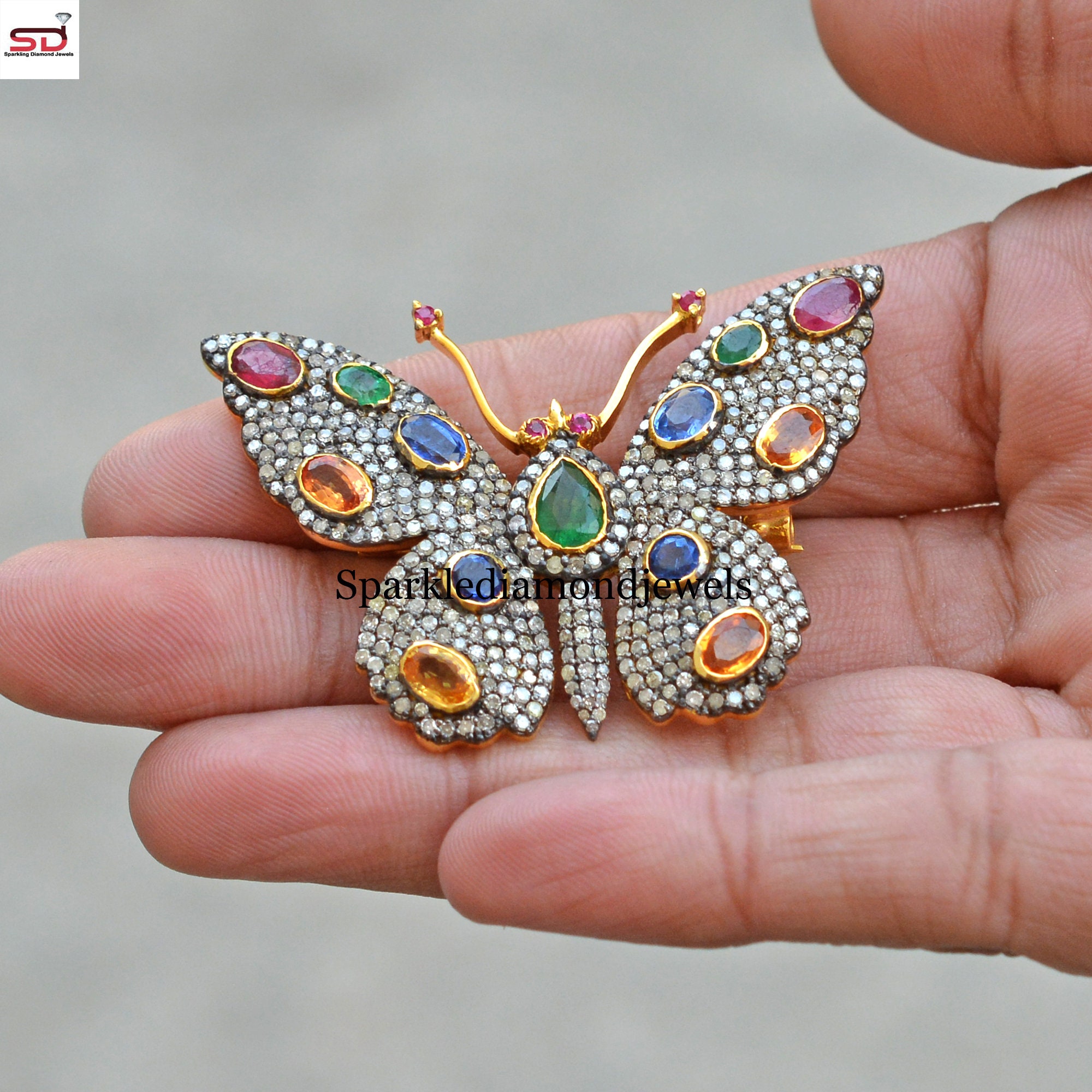 Sale Multi Sapphire Gemstone Butterfly Brooch Pin, Solid 925 Silver 14k ...