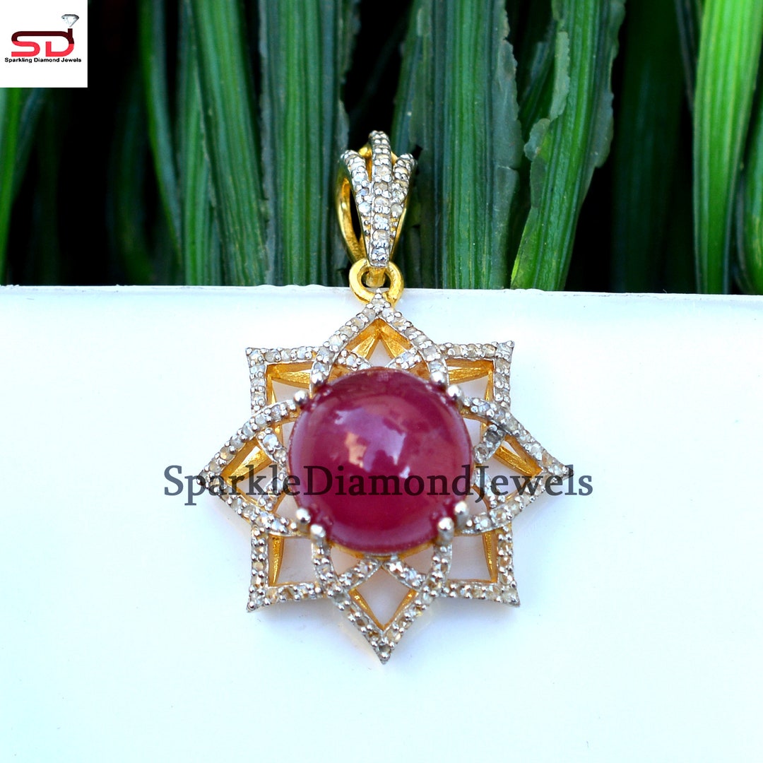 Ruby Gemstone Pendant, 14k Gold Vermeil Pendant Pave Diamond Pendant ...