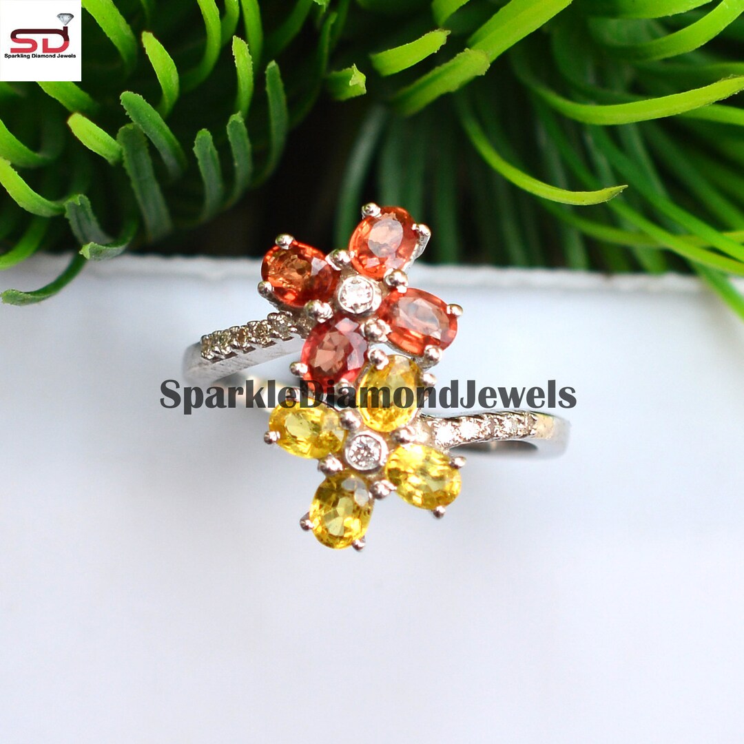 Pave Diamond Flower Ring, Natural Multi Sapphire, 925 Sterling Silver ...