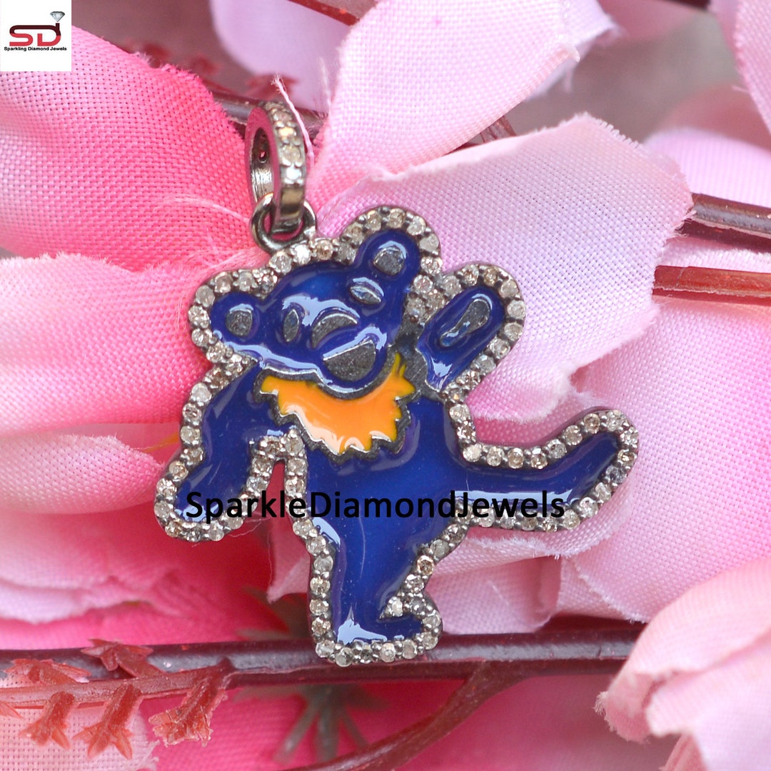 Pave Diamond Dancing Bear Pendant, Multi Enamel Pendant, 925 Sterling ...