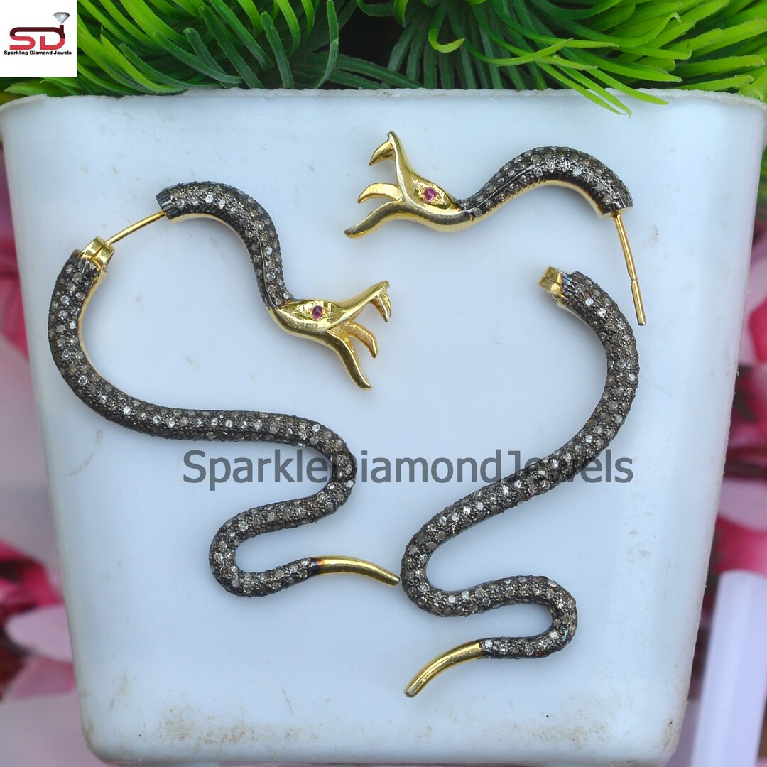 Natural Diamond Snake Earrings, 925 Silver Jewelry, Ruby Eyes Gemstone ...