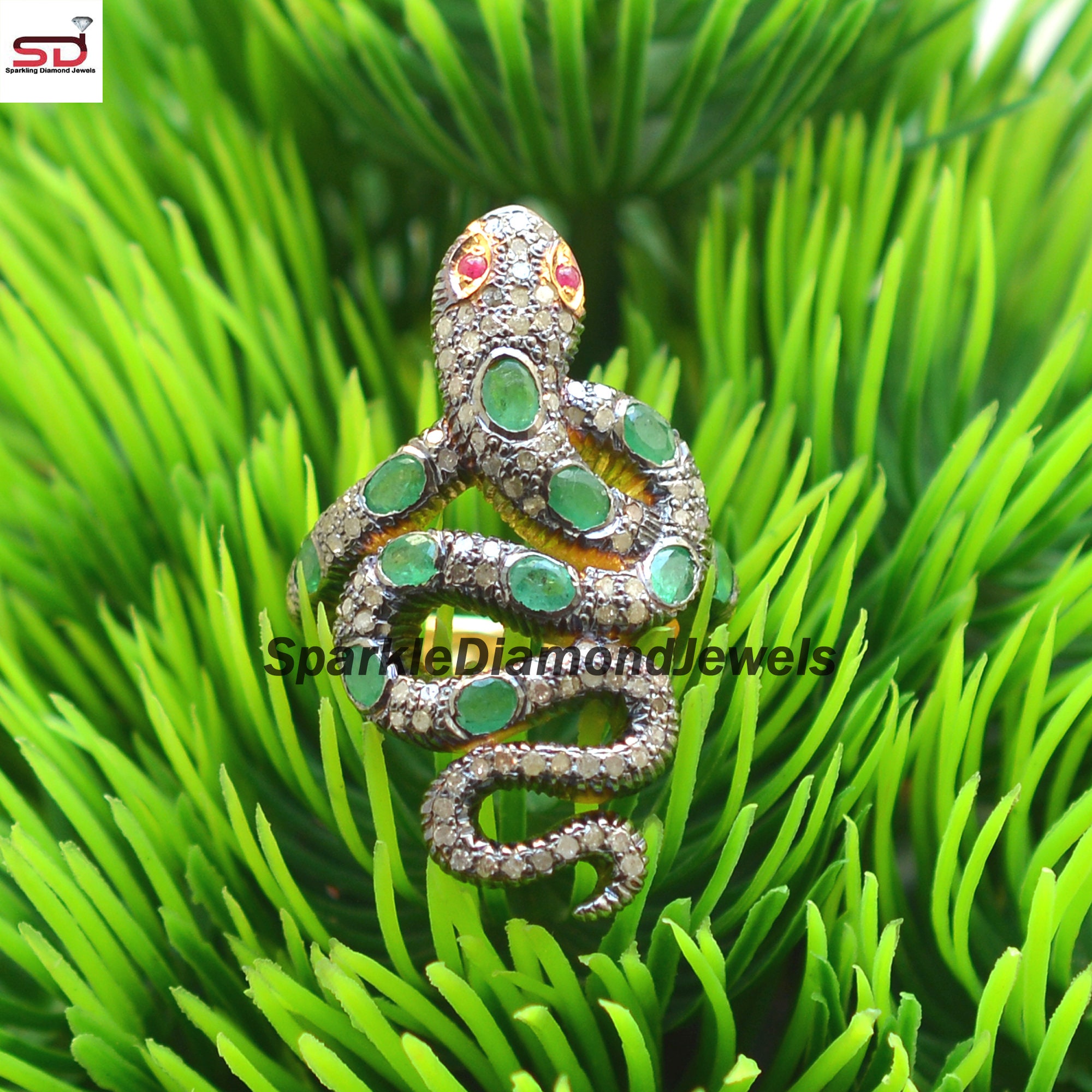 Emerald Snake Ring, Pave Diamond Ring, Ruby Emerald Gemstone Jewelry ...