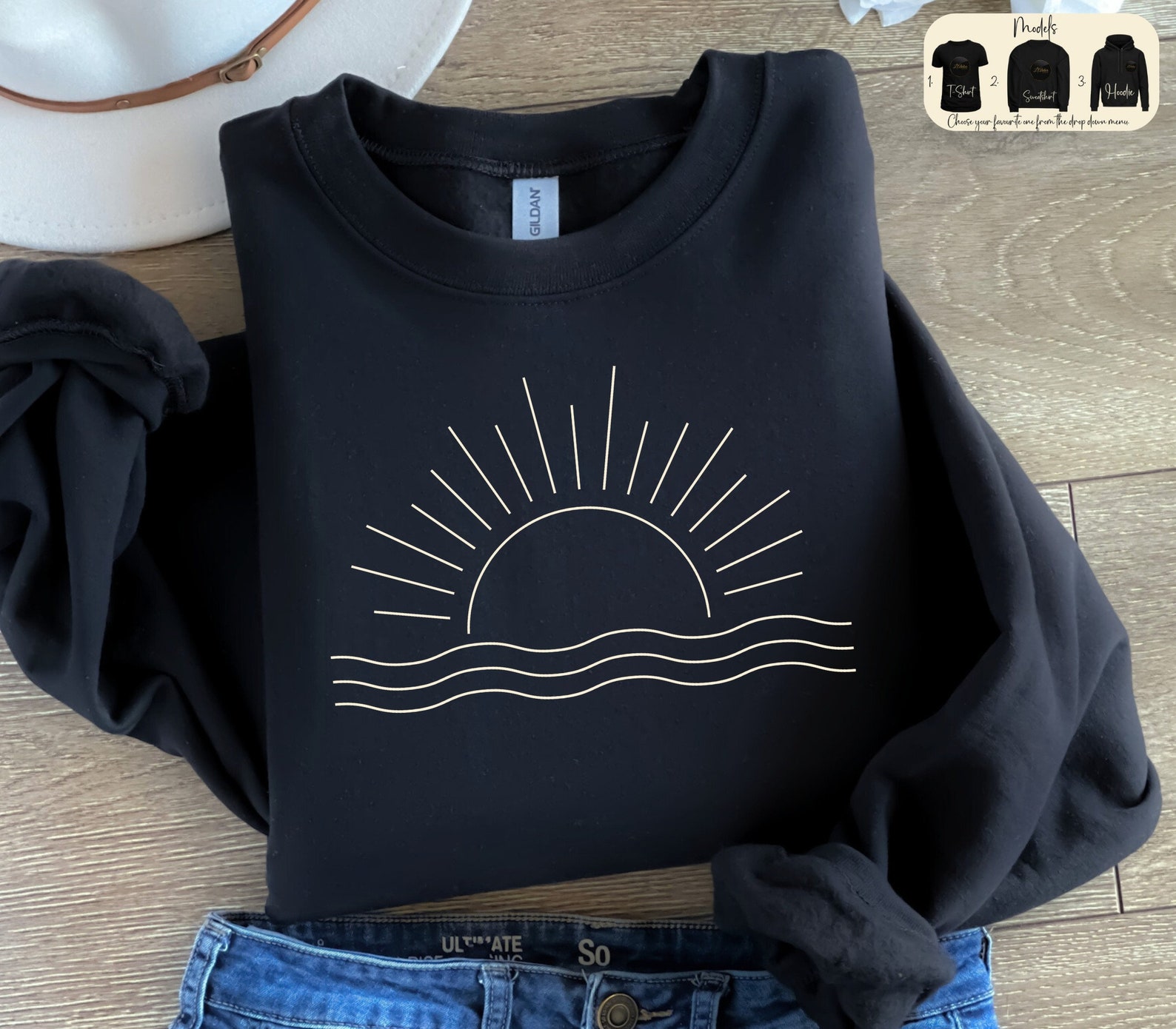 Retro Ocean Sun Tee, Nature Graphic Tshirt, Womens Summer Tee, Sunrise ...