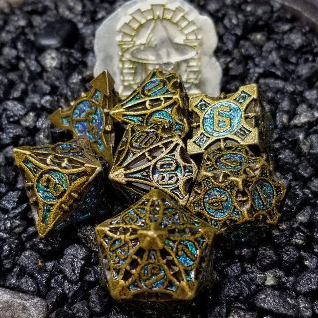 Sage’s Runic Caltrops Bronze/aquamarine Metal Polyhedral Dice Set ...