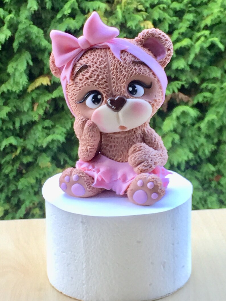 Brown Bear Pink Bow 15cm Cake Topper in Fondant or Cold - Etsy