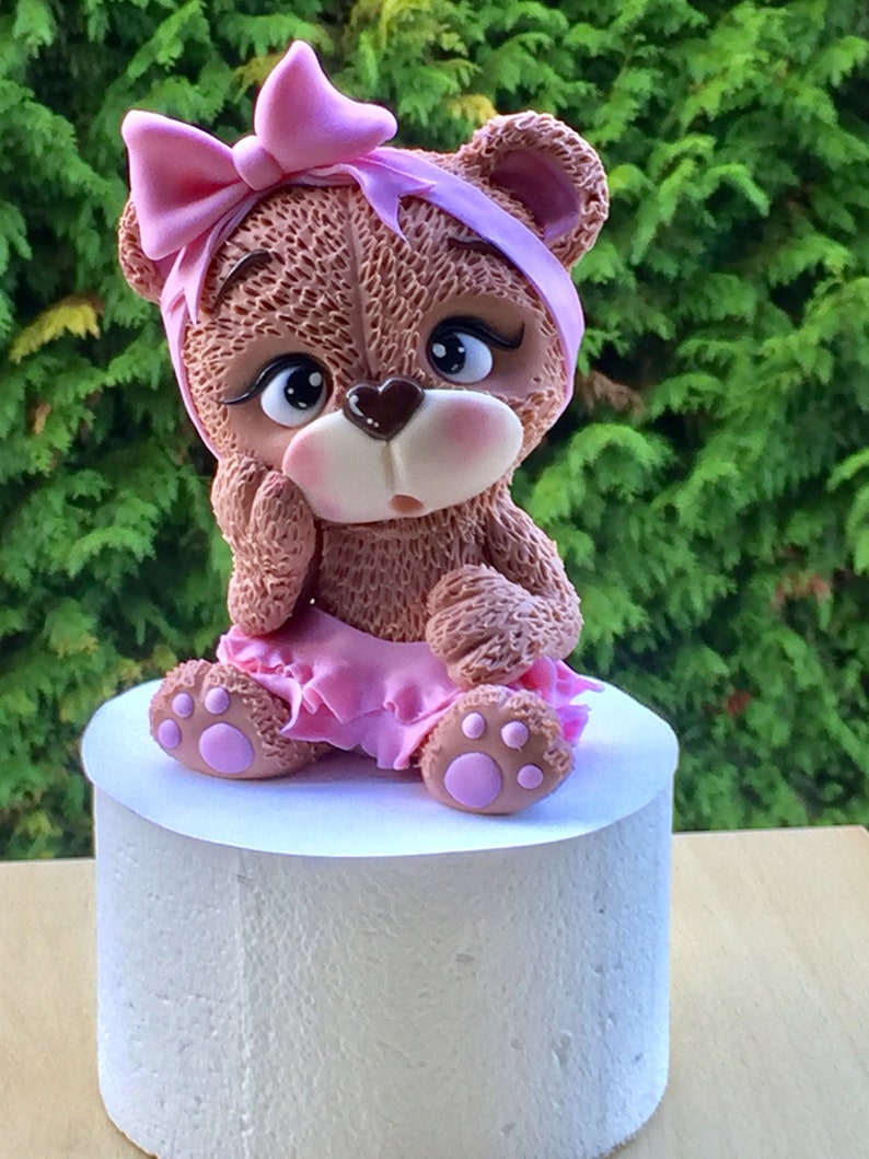 Brown Bear Pink Bow 15cm Cake Topper in Fondant or Cold - Etsy