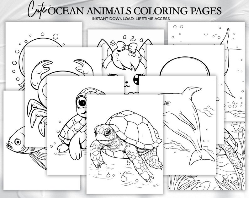 Cute Ocean Animal Coloring Pages, Kids Activity, Animal Illustrations ...