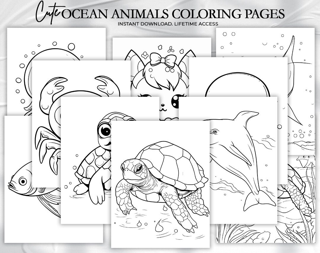 Cute Ocean Animal Coloring Pages, Kids Activity, Animal Illustrations ...