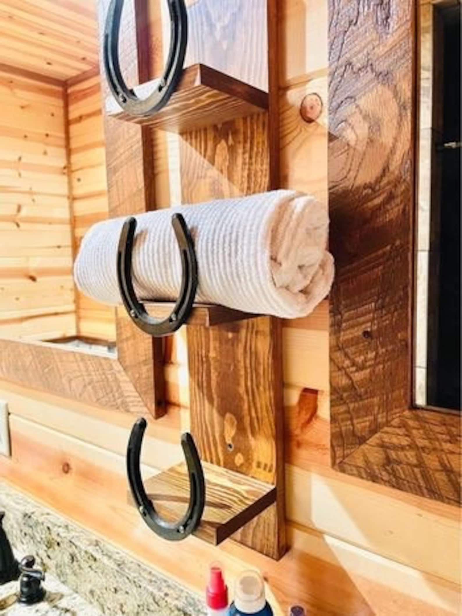 Rustic Horseshoe Towel Rack - Handmade Wooden Towel Holder With Metal ...