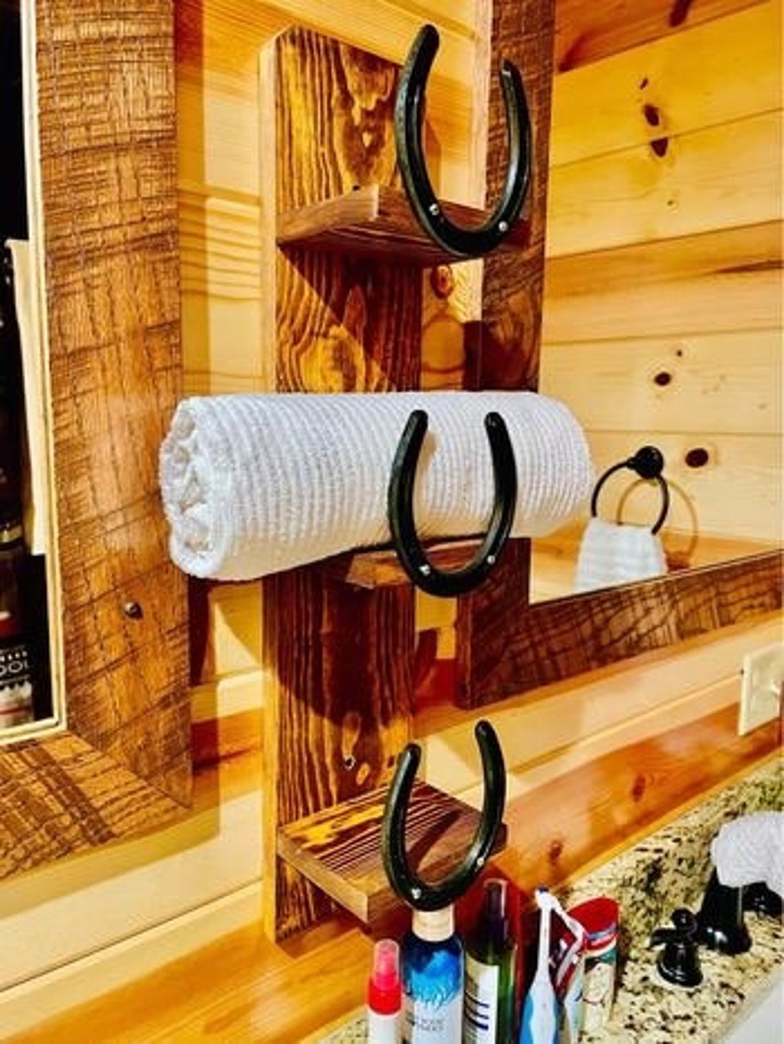 Rustic Horseshoe Towel Rack - Handmade Wooden Towel Holder With Metal ...