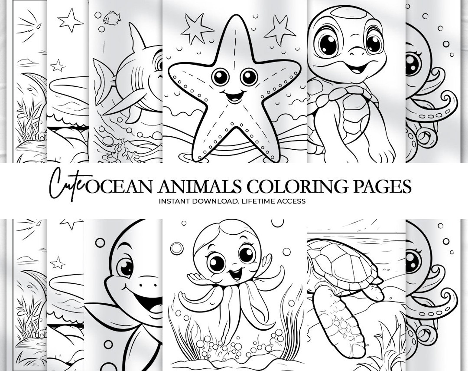 Cute Ocean Animal Coloring Pages, Kids Activity, Animal Illustrations ...