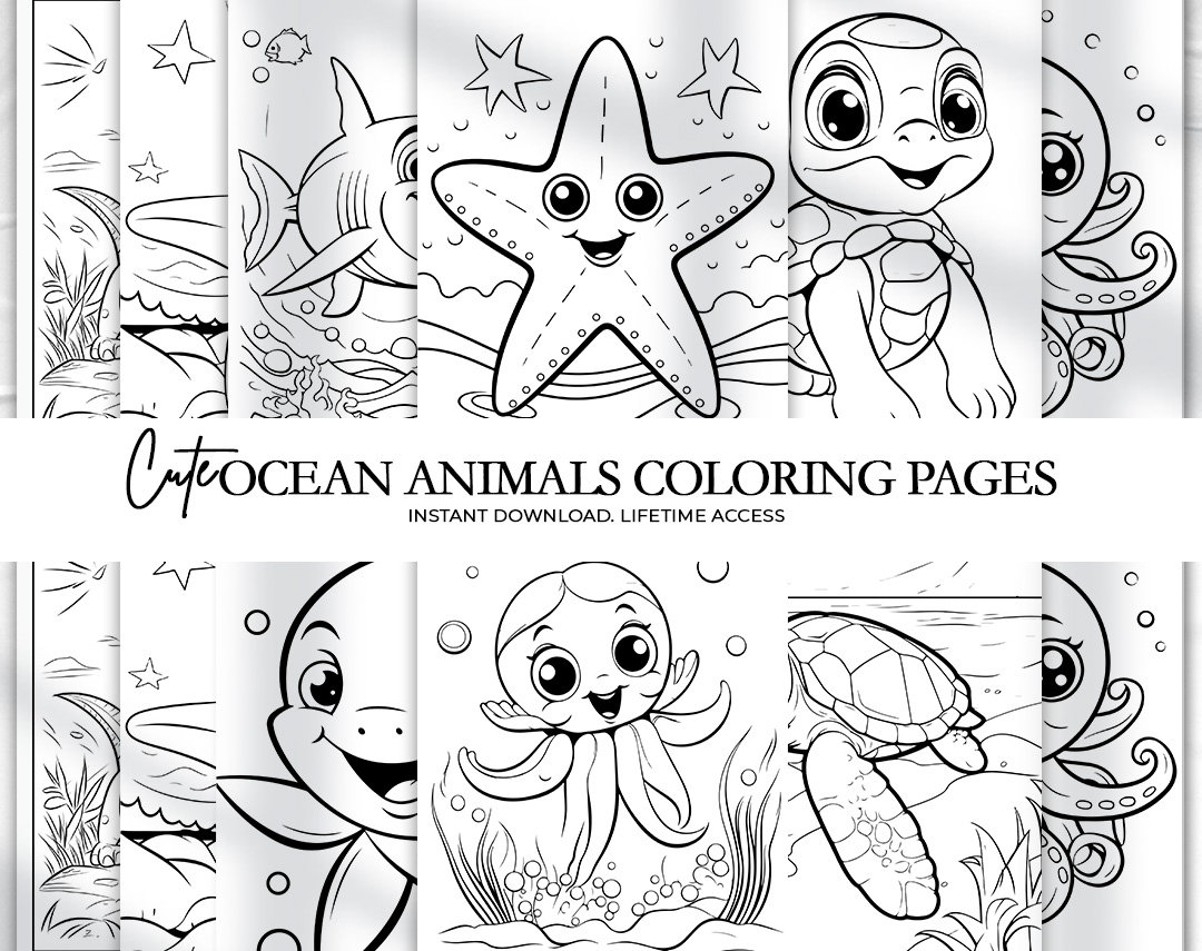 Cute Ocean Animal Coloring Pages, Kids Activity, Animal Illustrations ...