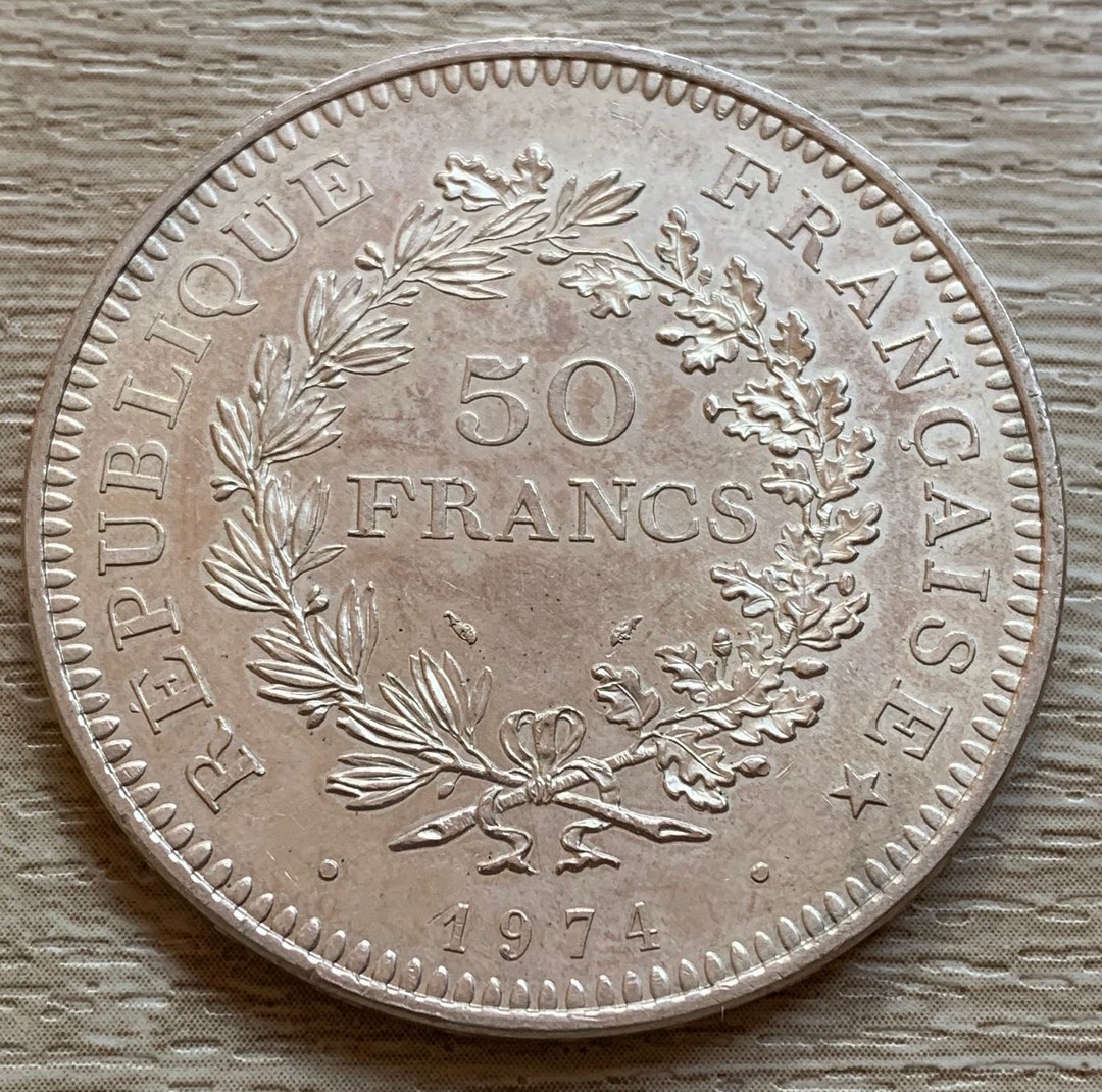 1974 France 50 Francs Silver Coin .900 Silver Hercules KM 941, French ...