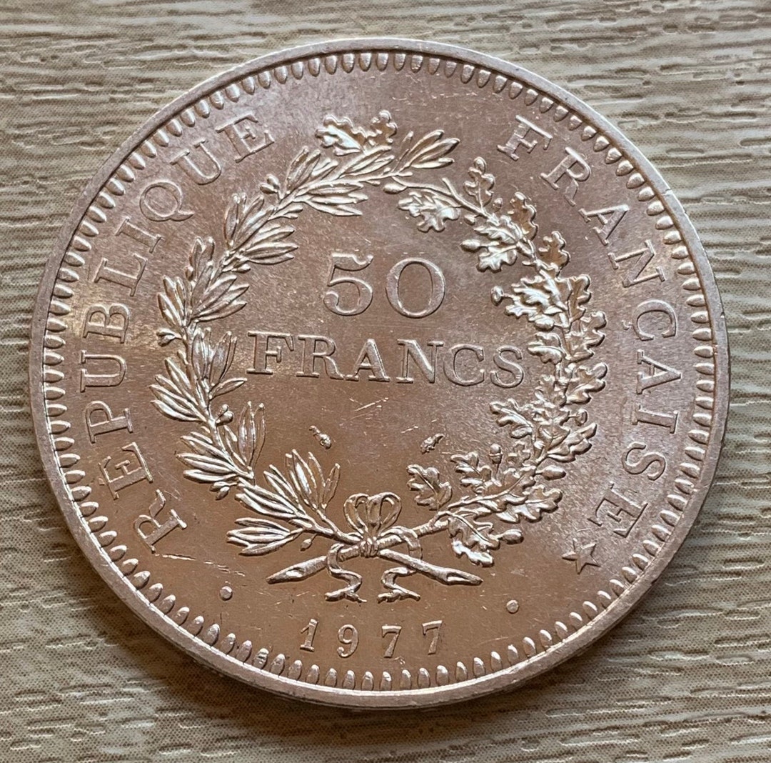 1977 France 50 Francs Silver Coin .900 Silver Hercules KM 941, French ...