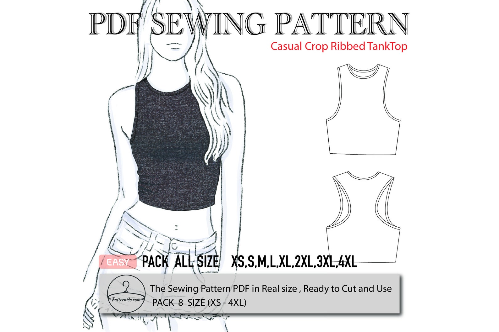 Pattern Casual Crop Ribbed Tanktop for Women, Sewing Pattern PDF ...