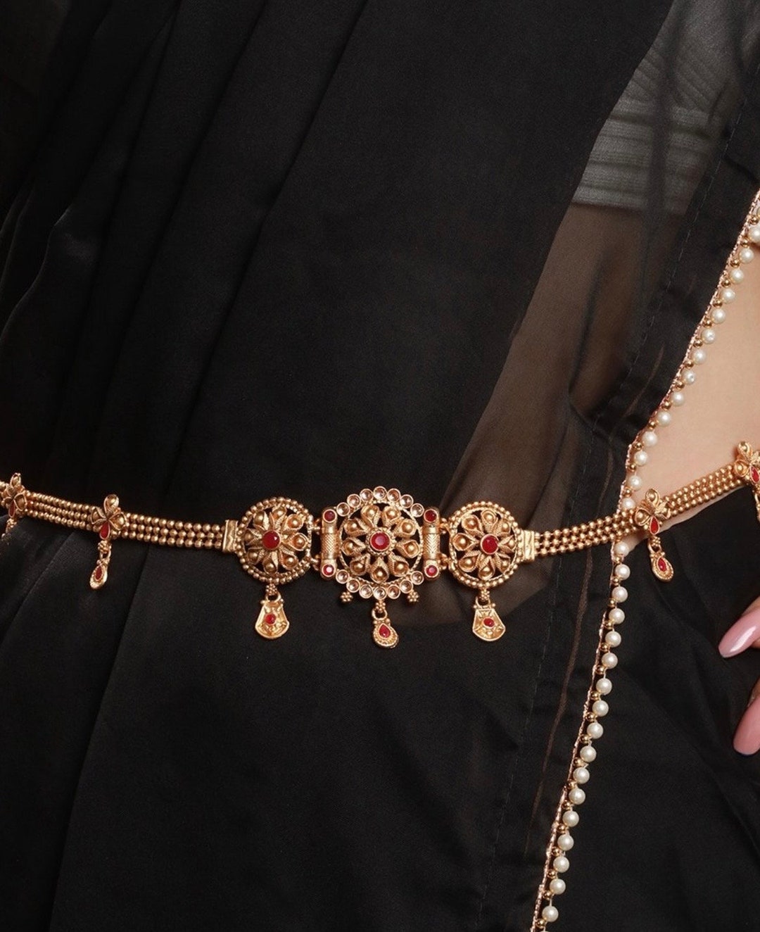 Gold Plated Saree Belt Golden Kamarbandh Belly Chain Lehenga Belt Red ...