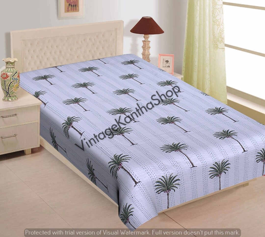 Vintage Hand Block Print Plam Tree Kantha Quilt Blanket Quilt Bedspread ...