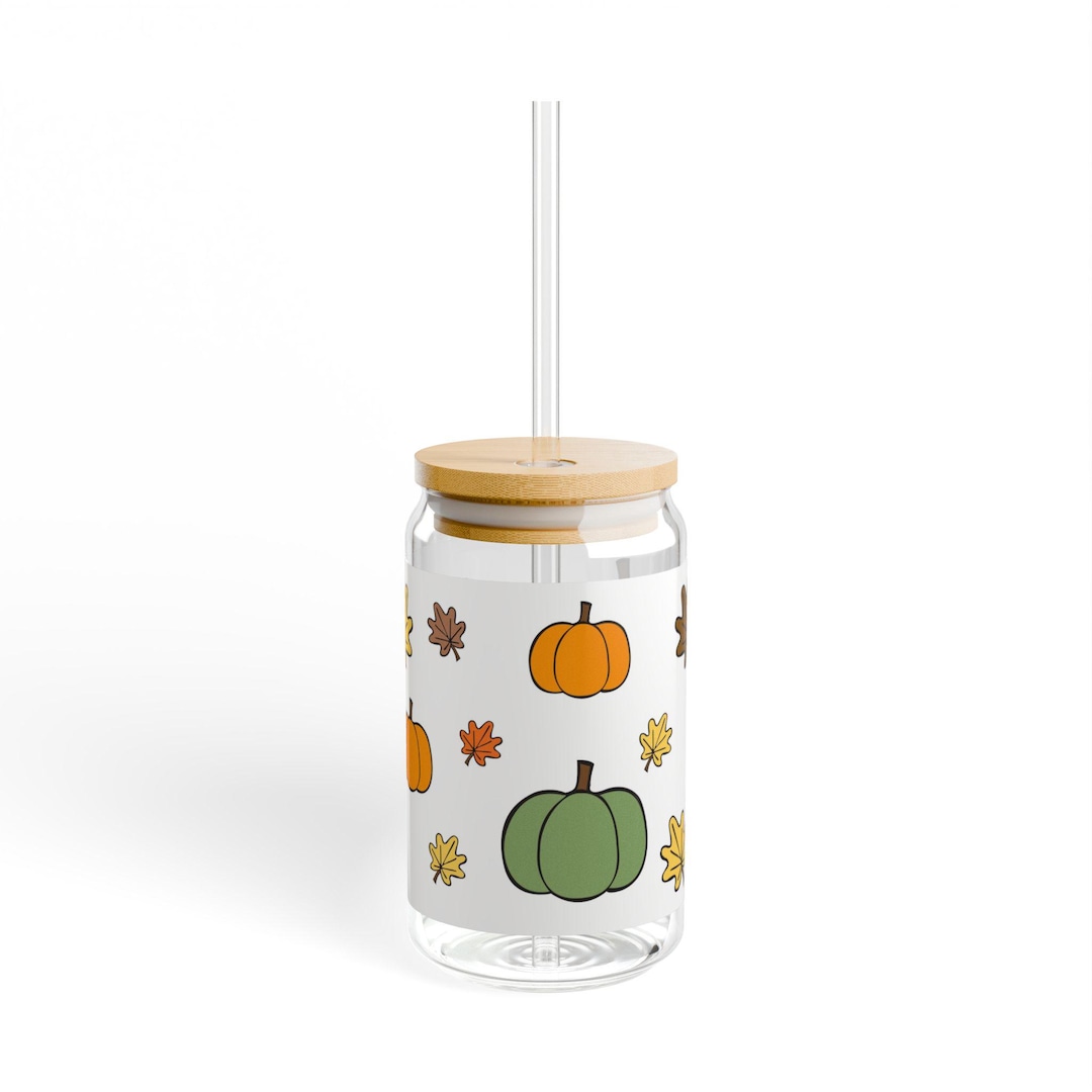 Sipper Glass, Fall Pumpkins and Leaves, Autumn Drinkware, Thanksgiving ...