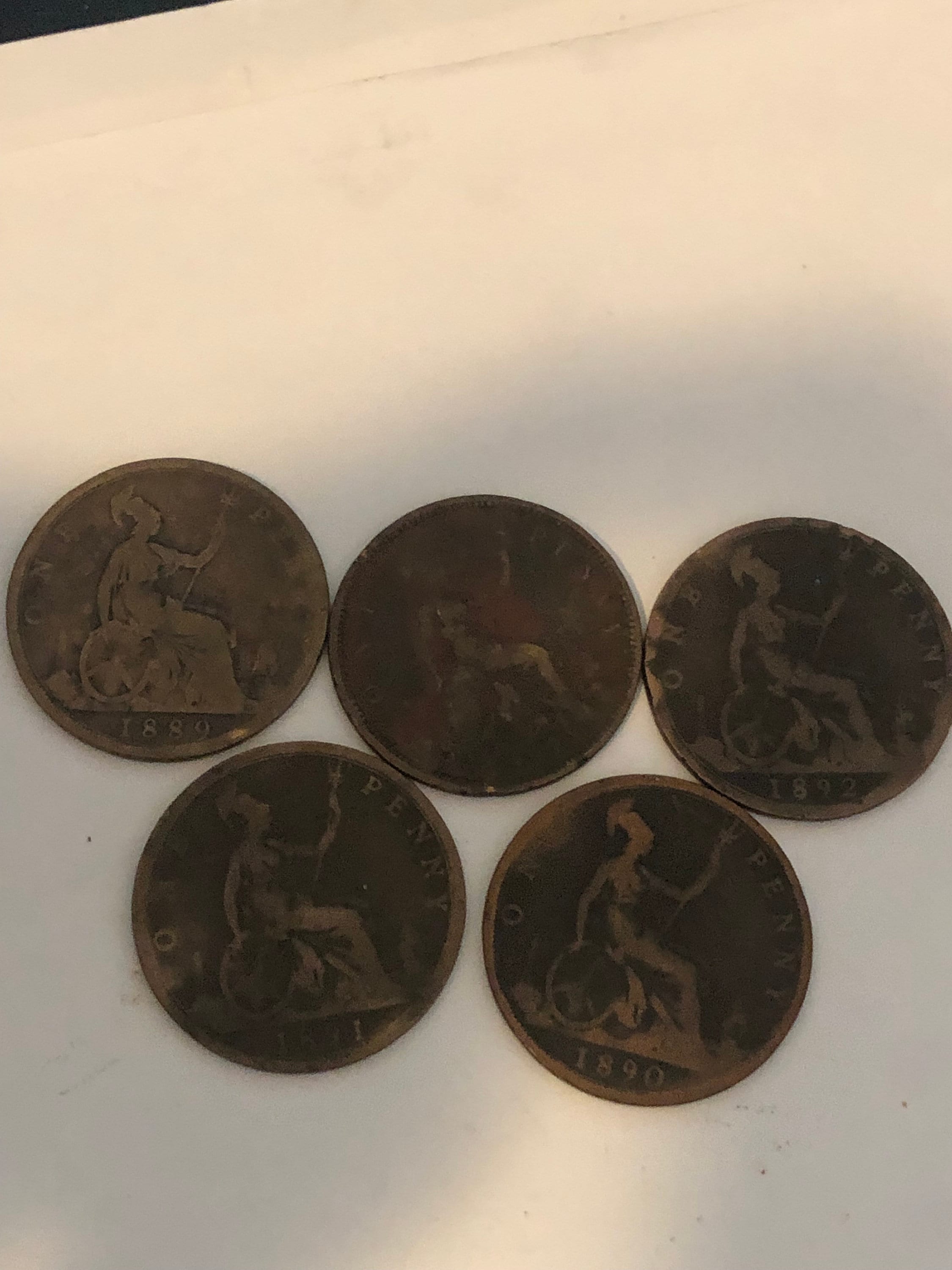 Old Queen Victoria Copper Pennies 1867, 1889, 1890, 1891, 1892. 5 Coins ...