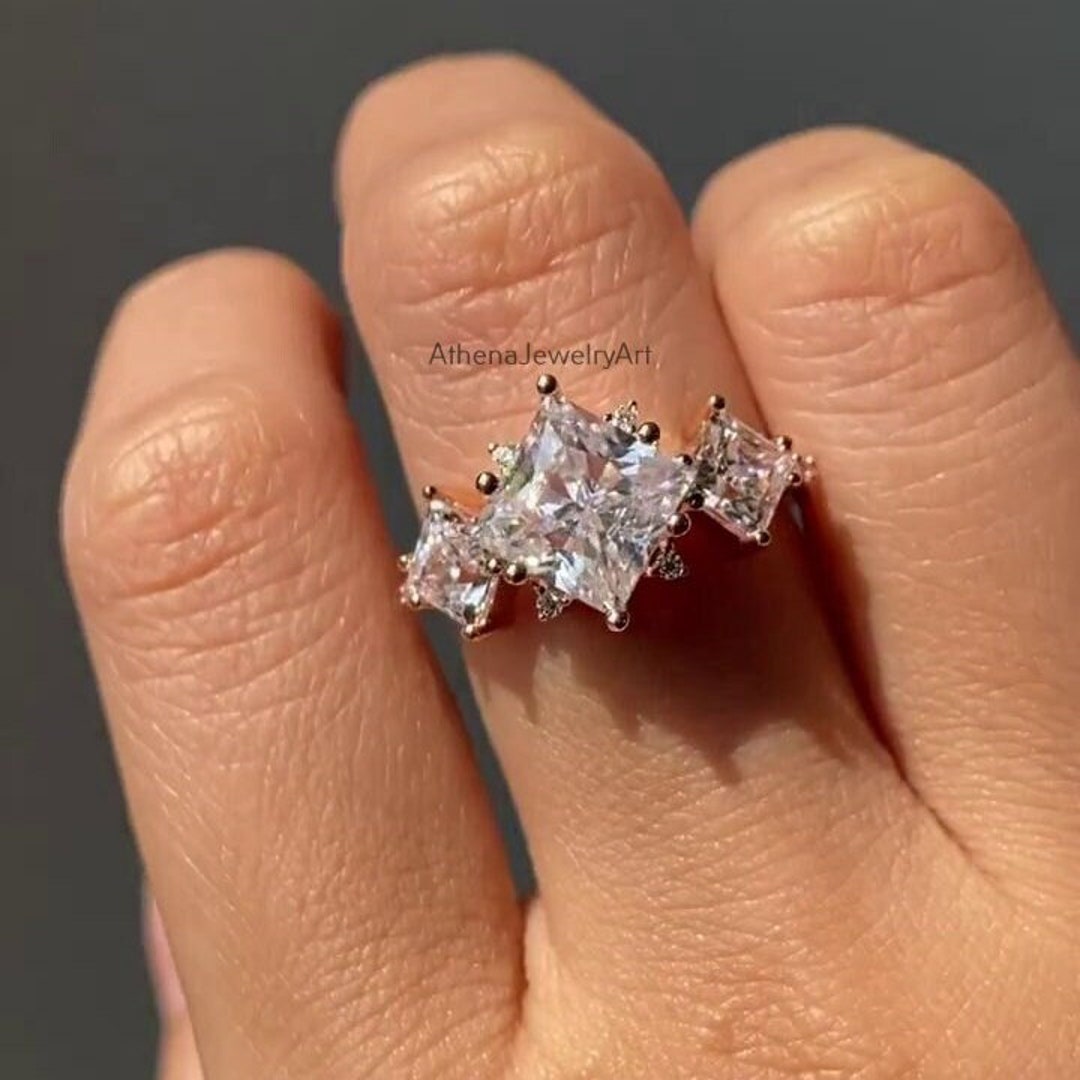 Princess Cut Moissanite Three Stone Ring, 18K Solid Yellow Cluster ...