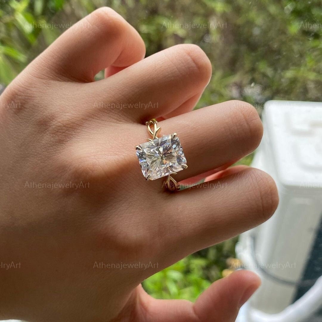 Big Radiant Cut Moissanite Solitaire Crossover Ring, 18K Solid Yellow ...